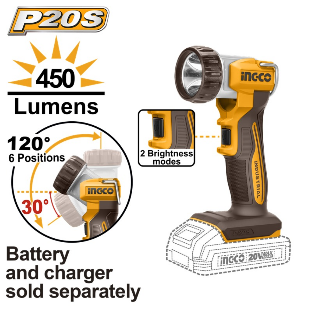 Ingco Cordless Work Lamp 450 Lumens 20V (Tool Only) – Northern Bolt & Tool